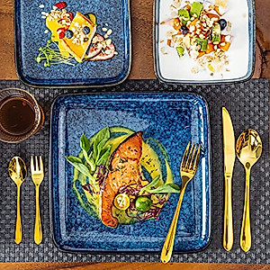 vancasso Stern Blue Dinner Set Square Reactive Glaze Tableware 16 Pieces Kitchen Dinnerware Stoneware Crockery Set with Dinner Plate, Dessert Plate, Bowl and Soup Plate Service for 4