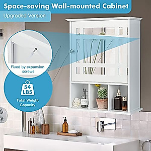 Tangkula Wall-Mounted Bathroom Cabinet, 2-in-1 Storage Organizer with Mirror Door, Wall-Mounted Medicine Cabinet with Adjustable Shelf & 3 Open Compartments for Bathroom, Living Room, Entryway