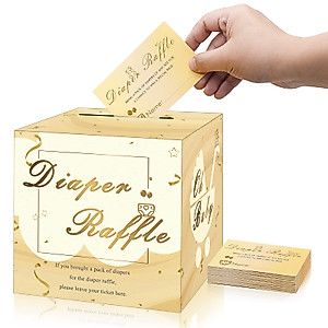 Angela&Alex 50 Pcs Diaper Raffle Tickets for Baby Shower Games with Diaper Raffle Box Invitations Sign Cards for Boy & Girl Gender Reveal Party Decorations Baby Shower Décor Supplies - Gold