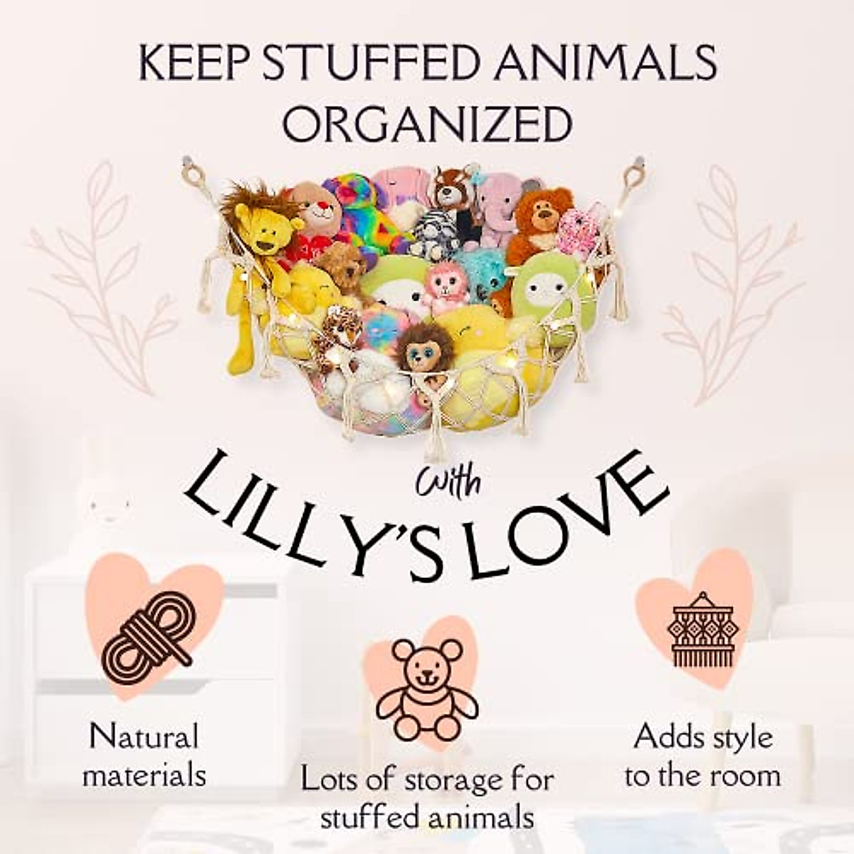 Lilly's Love Macrame Stuffed Animal Hammock, for Flat Walls Not Corners | Comes w/String Lights, Boho Style Rope Net | 2 Ring Flat Mounting Storage | Organize The Plushie Chaos (White)