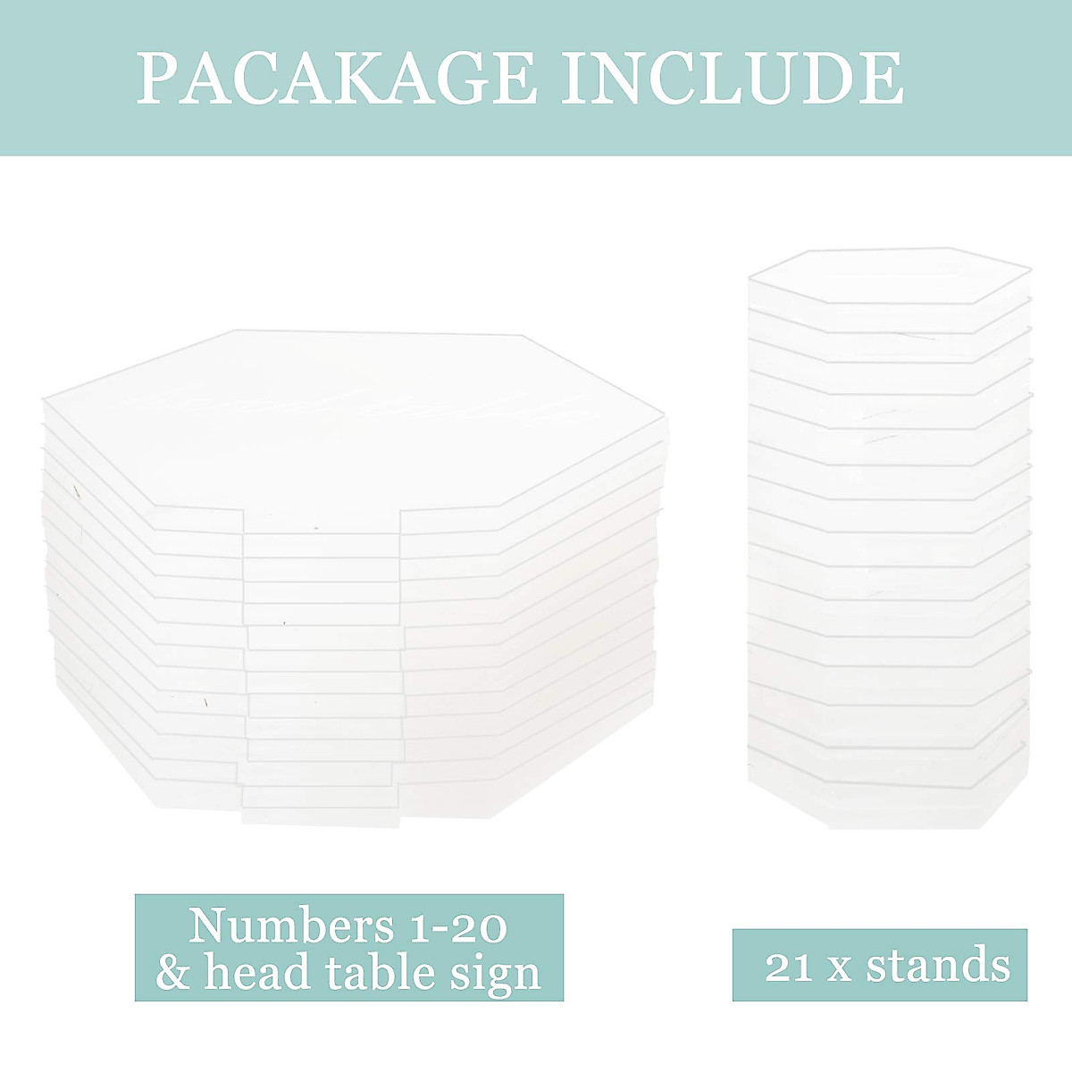 HighFree Hexagon Acrylic Table Numbers 1-20 with Stand - Printed Calligraphy Place Cards, Clear Acrylic Table Numbers for Wedding Reception, 4x4.5 inch, Set of 21