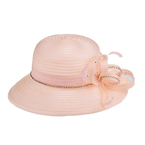 DANTIYA Women's Bowler Church Cloche Hat Bling Bing Organza Bridal Dress Cap (Pink, One Size)