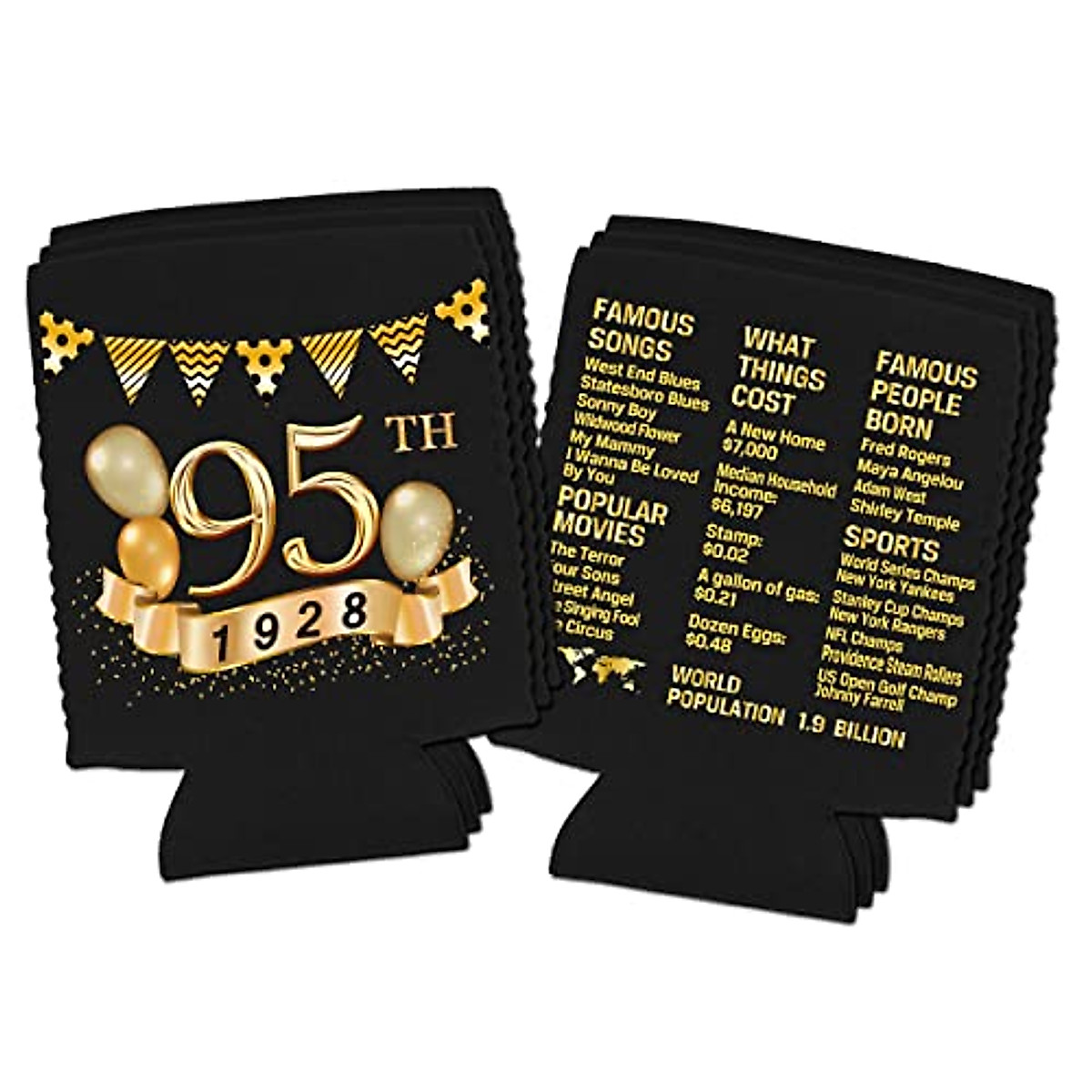 95th Birthday Can Cooler Sleeves Pack of 12-95th Anniversary Decorations- 1928 Sign - 95th Birthday Party Supplies - Black and Gold 95th Birthday Cup Coolers