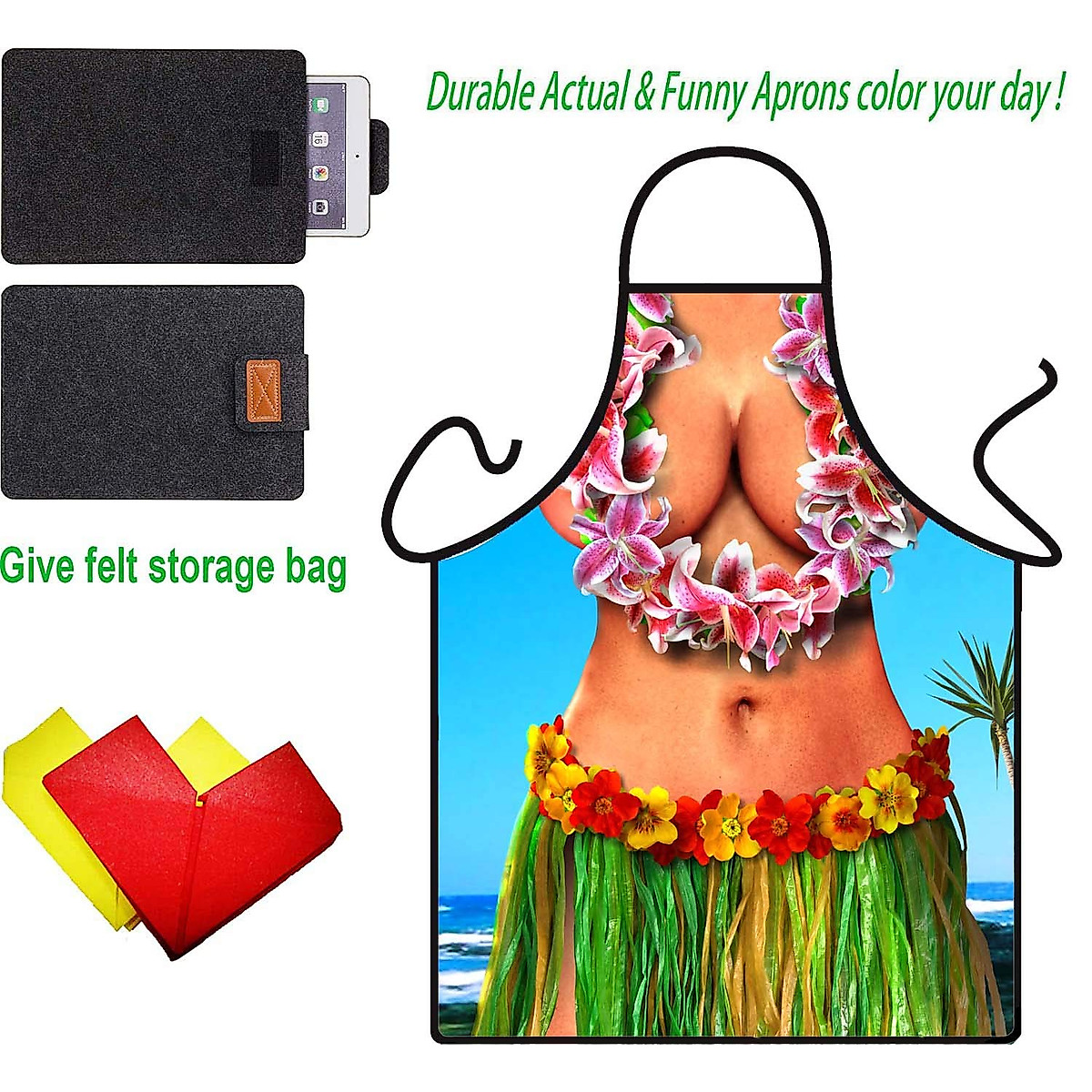 sloHEXtted Kitchen Sexy Women Funny Adult Bib Apron for Cooking BBQ Baking Grilling - Bikini Lady Comic Character Apron Party Cosplay Play Costume, Fancy Hawaii Hula Lei