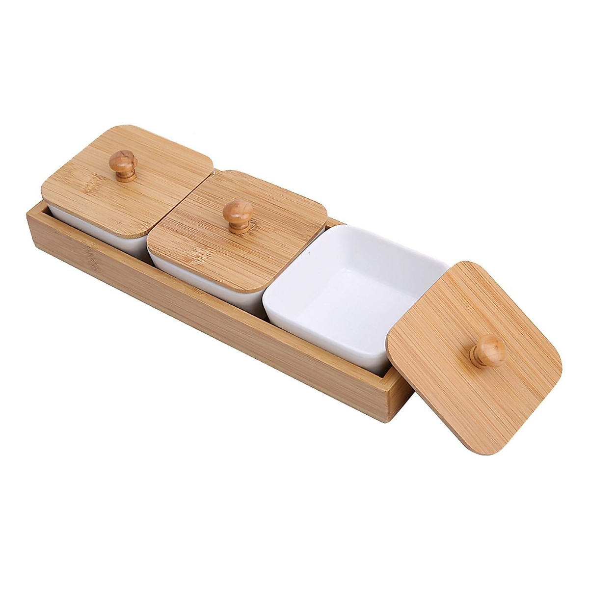 Ceramic Snack Serving Tray Compartment Serving Platter with Bamboo Lid and Pallets Removable Container Food Storage for Appetizer Condiments Nuts(3 Grid)