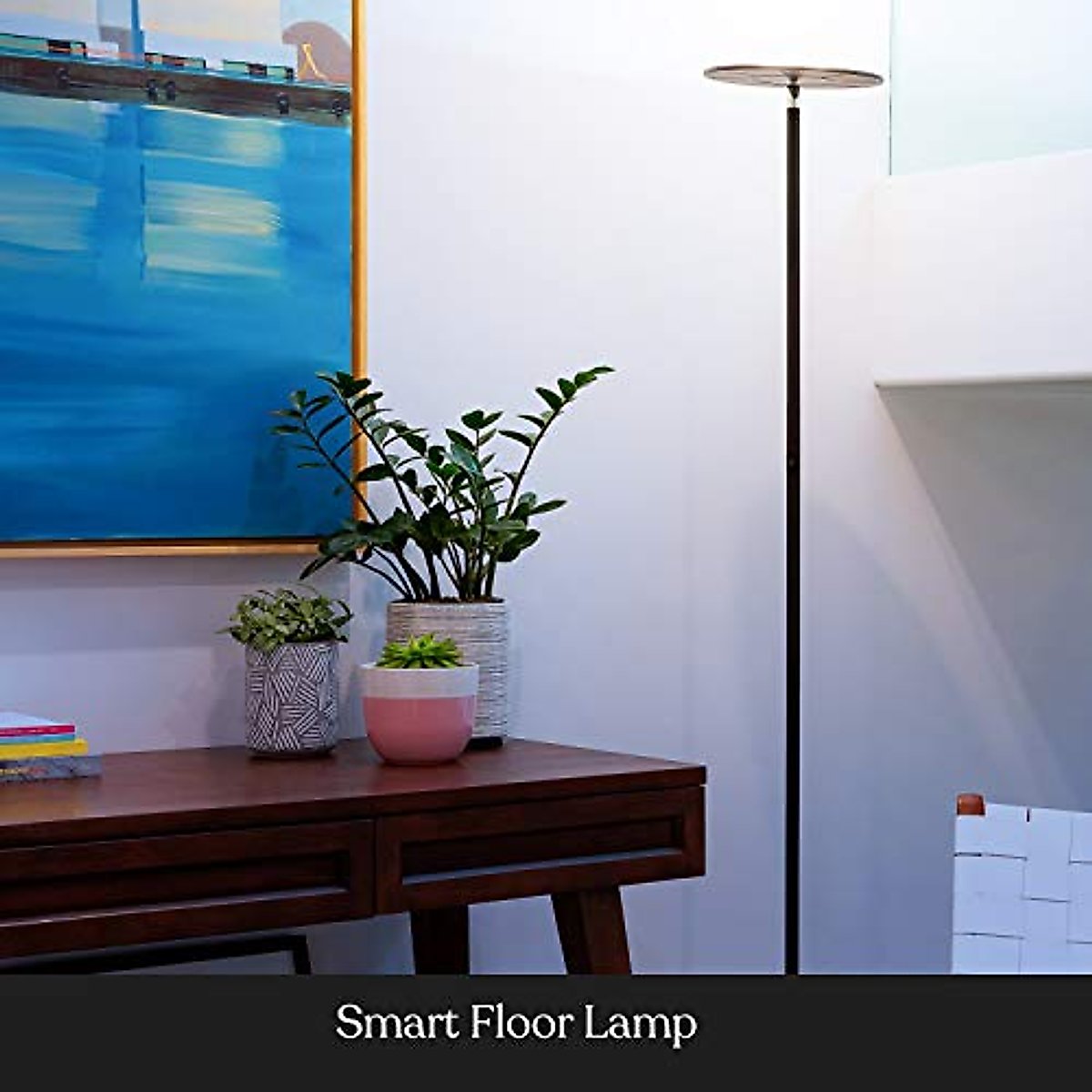 Brightech Sky Colors – Wi-Fi Color Changing Torchiere LED Floor Lamp – Smart Standing Lamp with iOS and Android Remote Control – Cost-Effective and Energy-Saving with Adjustable Head - Black