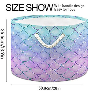 MNSRUU Storage Basket 20"x14" Pink Blue Mermaid Scales Collapsible Organizer Basket with Handles, Fabric Nursery Laundry Basket Large Capacity