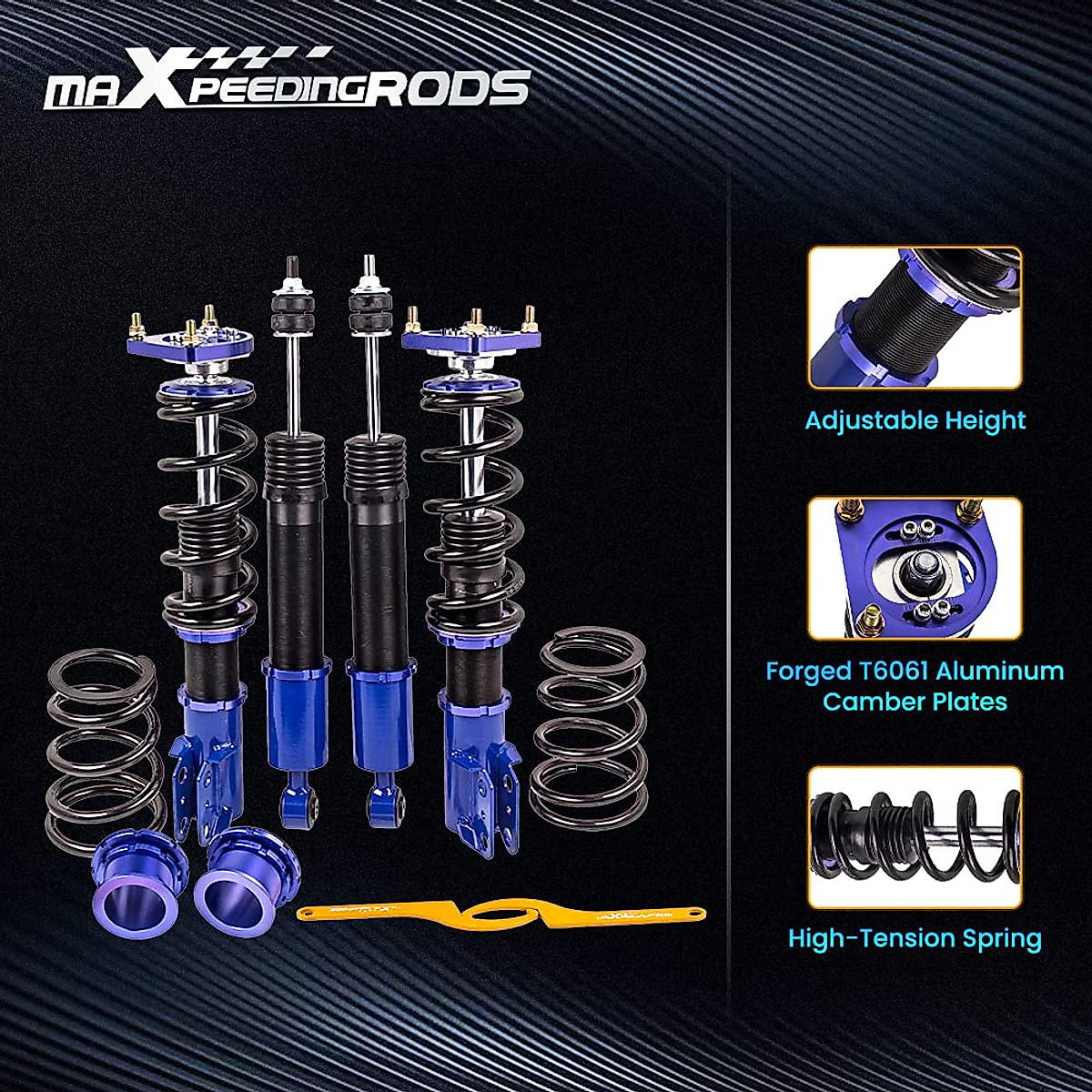 maXpeedingrods Coilovers for Ford Mustang 1994-2004, 4pcs Complete Assemblies Coilovers Suspension KIt, Coil Struts Shock Absorber Adjustable Height Lowering Kit by 1-3”, Blue