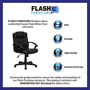 Flash Furniture Lindon Mid-Back Black LeatherSoft Swivel Task Office Chair with Arms