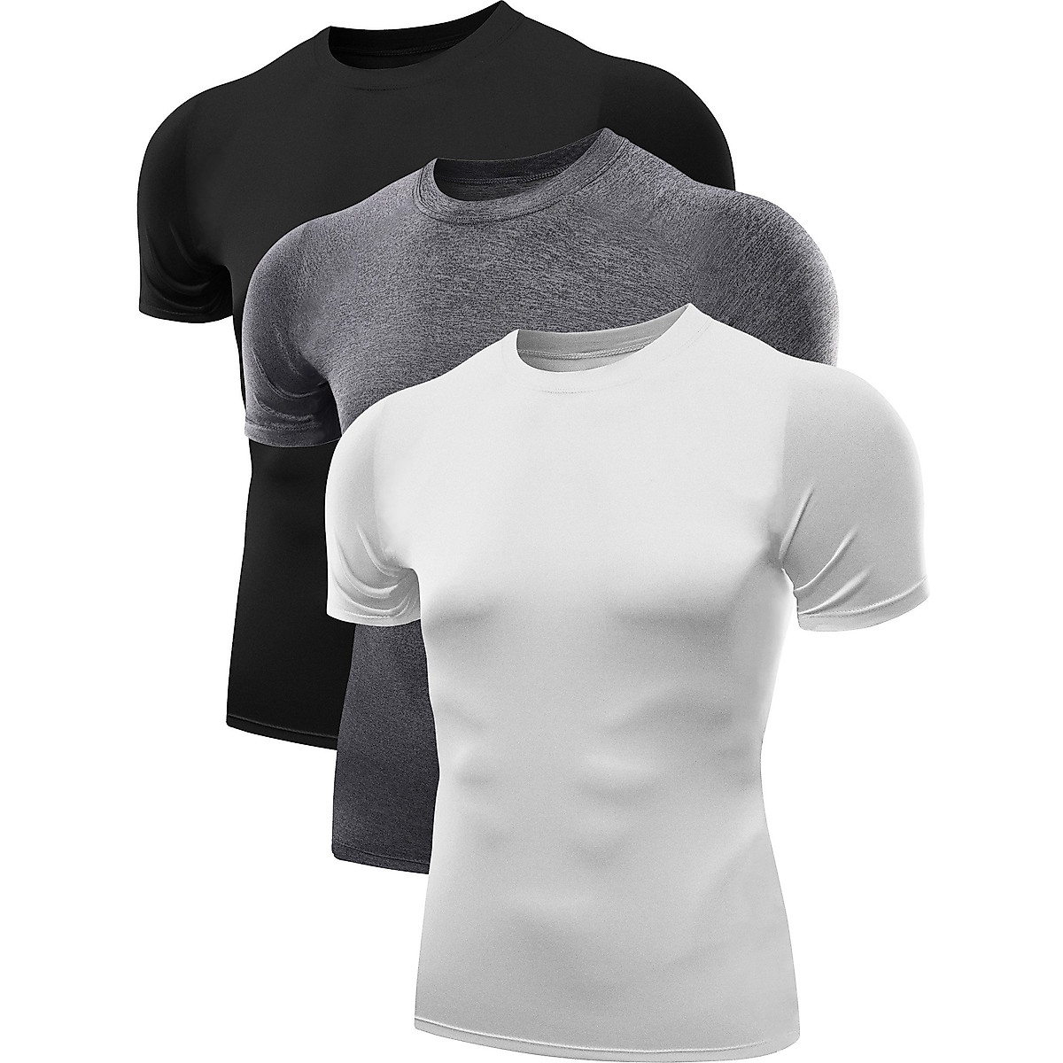 NELEUS Men's 3 Pack Athletic Compression Workout Short Sleeve Shirts,5011,Black,Grey,White,XL,EUR 2XL