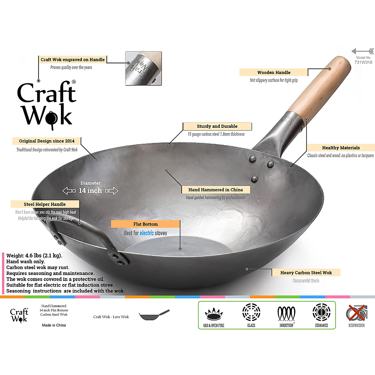 Craft Wok Flat Hand Hammered Carbon Steel Pow Wok with Wooden and Steel Helper Handle (14 Inch, Flat Bottom) / 731W316