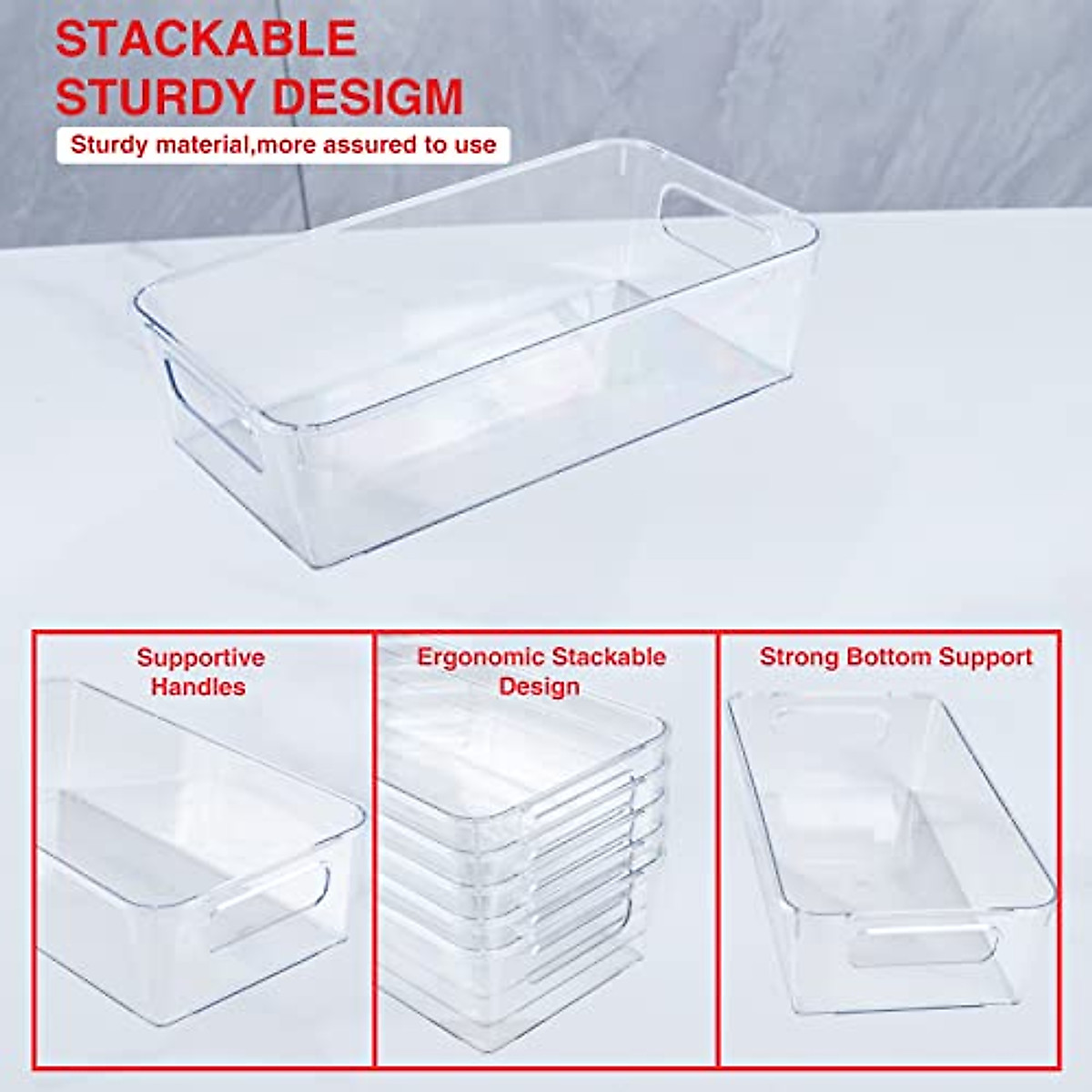 8 pack Refrigerator Organizer Bins, Organizer Bins with Handles, Fridge Organizer for Freezers, Kitchen Countertops and Cabinets, Food Grade BPA-free(Clear)