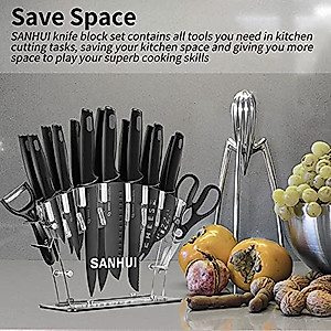 SANHUI 17 in 1 Black Knife Sets Acrylic Stand Stainless Steel Kitchen Knife Set with Block Contain 8 Piece Chef Knife Set 6-Piece Black Steak Knives with Scissor and Vegetable Peeler Knife