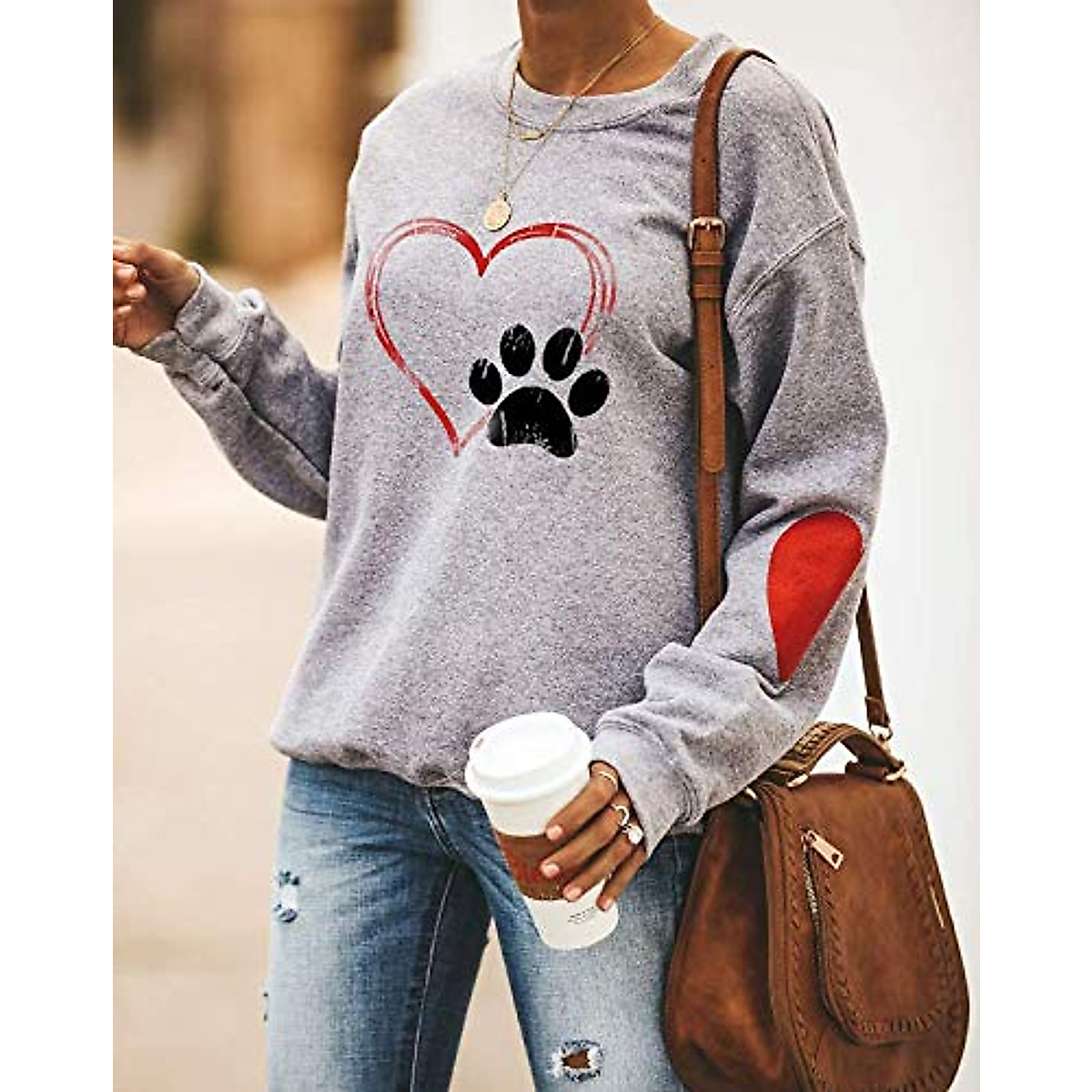 Love Heart Dog Paw Print Sweatshirts Women Long Sleeve Pullover Tops Casual Blouse Mother's Day Gray X-Large