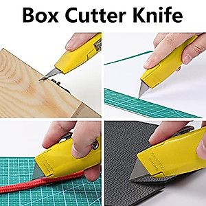 DIYSELF 2 Pack Box Cutter Retractable with 10 Pack Utility Knife Blades, Sharp SK5 Steel Utility Blades, Box Cutters for Cardboard, Paper, Carton(Yellow)