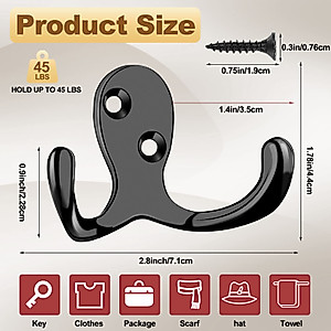 Telodyme 20 Pcs Coat Hooks,Heavy Duty Double Prong Hooks with 40 Screws,Wall Hooks Robe Hooks for Bathroom Kitchen Entryway,No Rust Wall Mounted Utility Hooks for Towel Key Bag Scarf Cup(Black)