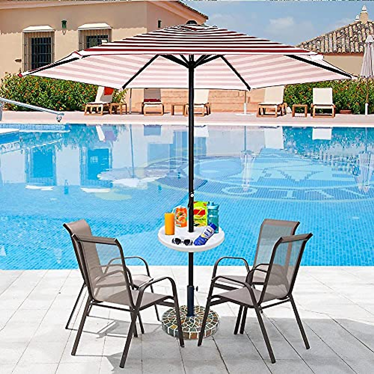 AMMSUN 13" Beach Umbrella Table Tray for Beach, Patio, Garden, Swimming Pool with Cup Holders, Snack Compartments White