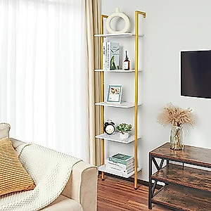 ELYKEN Ladder Shelf, Gold and White 5-Tier Wood Wall Mounted Bookshelf with Metal Frame, Modern Open Display Organizer Rack, Leaning Storage Shelves for Living Room, Bedroom, Home Office