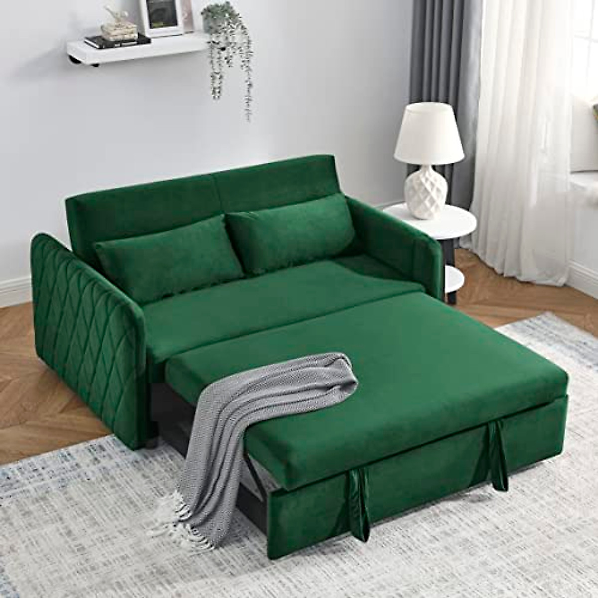 HomSof 2 Pillows and Living Room Adjustable Backrest, Grid Design Armrests 55" Modern Convertible 2 Detachable Arm Pockets, Velvet Loveseat Sofa with Pull Out Bed, Style B, Green