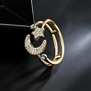 CZ Star Moon Blue Evil Eye Wrap Open Rings 18K Gold Plated Sparkly Cubic Zirconia Good Luck Double Lines Statement Adjustable Stacking Middle Tail Finger Ring for Women Symbol of Protection Talisman Amulet Lucky Jewelry Fashion Gifts for Mom