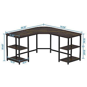 Earthsign L-Shaped Home Office Desk with Four Shelves Storage, Spacious Corner Computer Desk for Working from Home, Workstation, Gaming, 56.96 Inch, Round Corner, with Wood Top