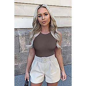 OQQ Women's 3 Piece Sexy Ribbed One Sleeveless Halter Neck BodySuit, Black Tea Leaf Beige, Medium