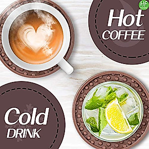 Drink Coasters Set of 6 Packs with Holder - Round Black BPA Free Silicone with Metal Iron Coaster Case Non-Slip Bottom Fits Any Size Cup Mug or Glasses (Brown)