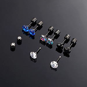 4 Pairs Black Screw Back of Earrings Cubic Zirconia Studs for Women Men 20G Can Wear Double Side Surgical Stainless Steel Hypoallergenic Jewelry (4 Pairs Black 6mm)
