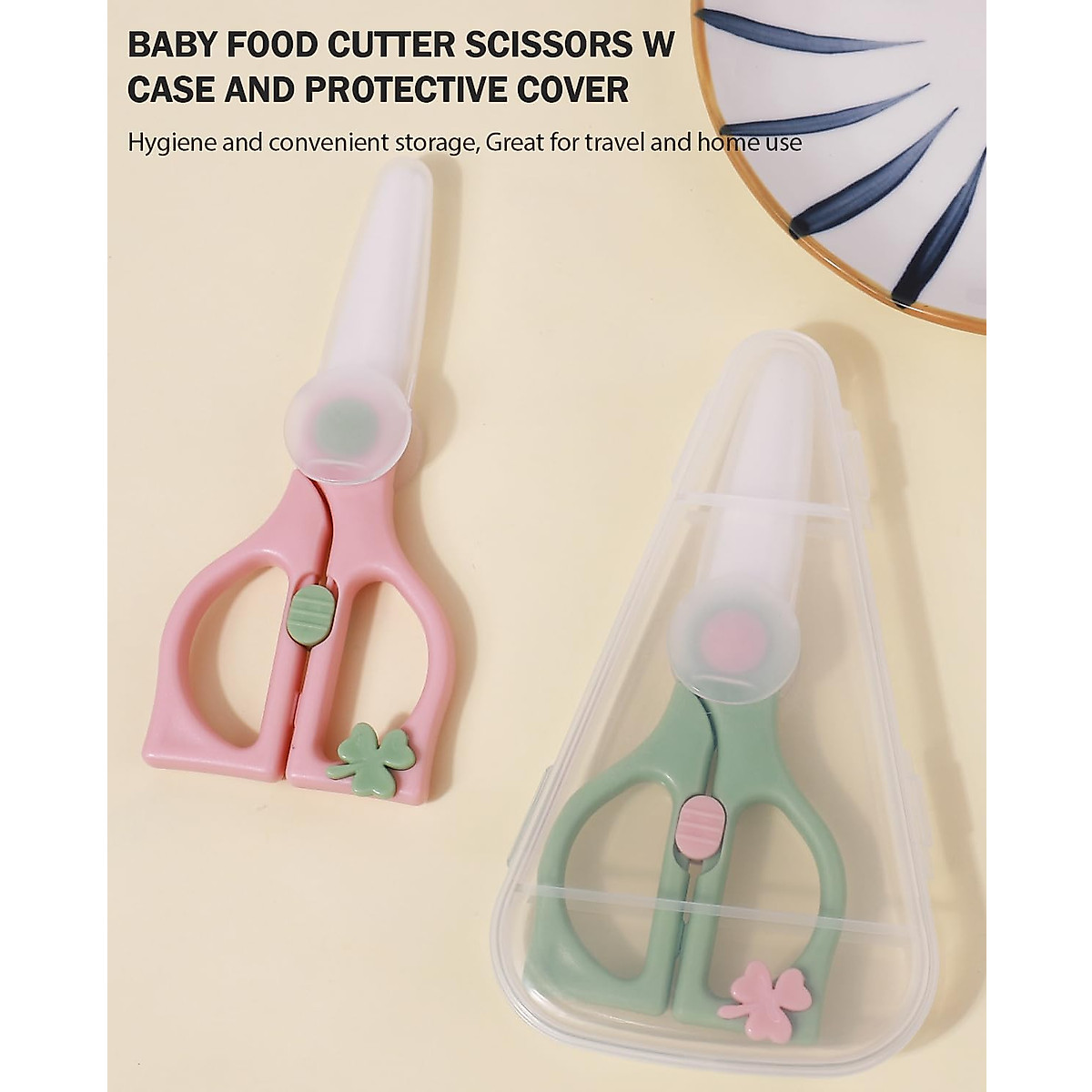 Baby Food Scissors Kicthen Shears -2Pack Portable Healthy Cute Kids Ceramic Scissors with Safety Lock and Storage Travel Case - Ideal for Cutting Meat, Chicken, Vegetables, and Fruits (Pink+Green)