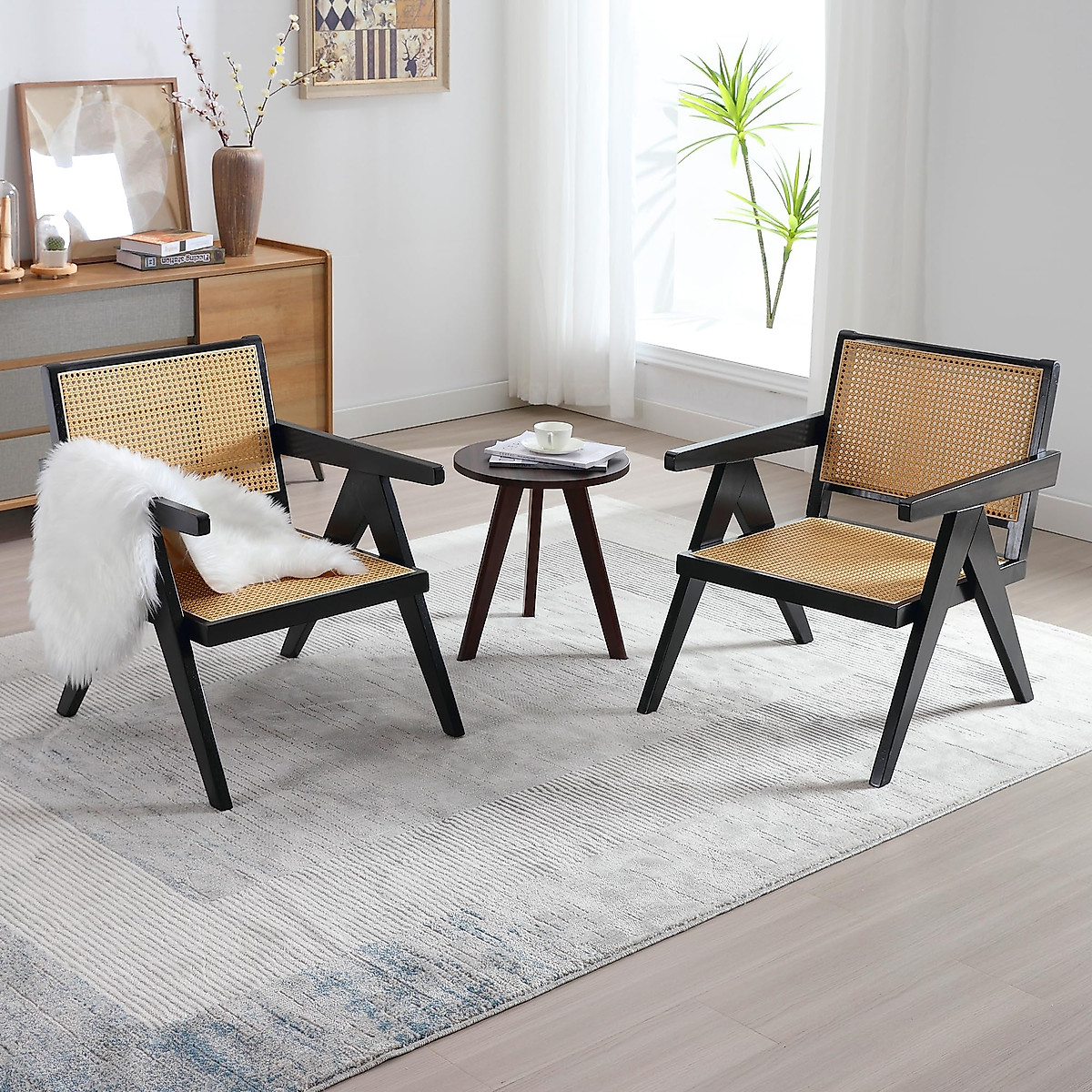 ABET Cane Accent Chairs Set of 2, Wooden Comfy Rattan Living Room Chairs with Woven Backrest & Seat, Solid Leisure Armchair, Mid-century Boho Cane Lounge Chairs for Bedroom, Patio, Balcony, Black