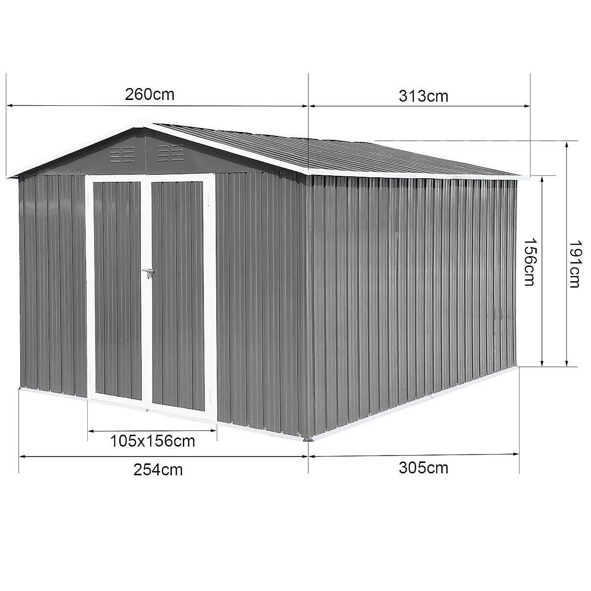 GLANZEND 10x8 FT Outdoor Metal Garden Shed, Galvanized Steel Large Storage Sheds with Lockable Doors, Weatherproof Tool House with Pitched Roof & Punched Vents for Backyard Lawn, Gray + White