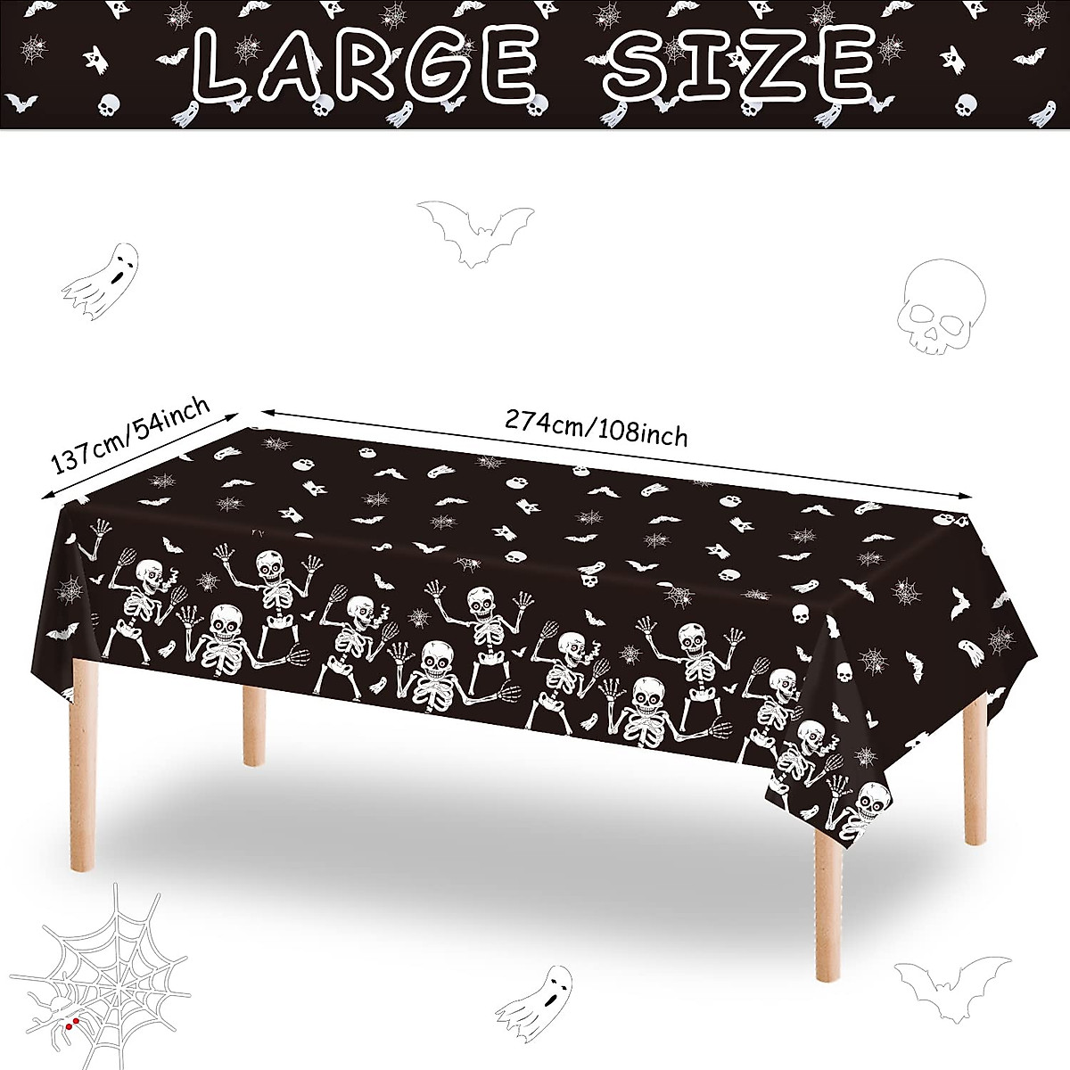 3 Pack Halloween Skeleton Tablecloth, Halloween Tablecloth Party Decorations, Plastic Skull Tablecover Backdrop Background Banner for Halloween Haunted House Party Decoration and Supplies, 54 x108Inch