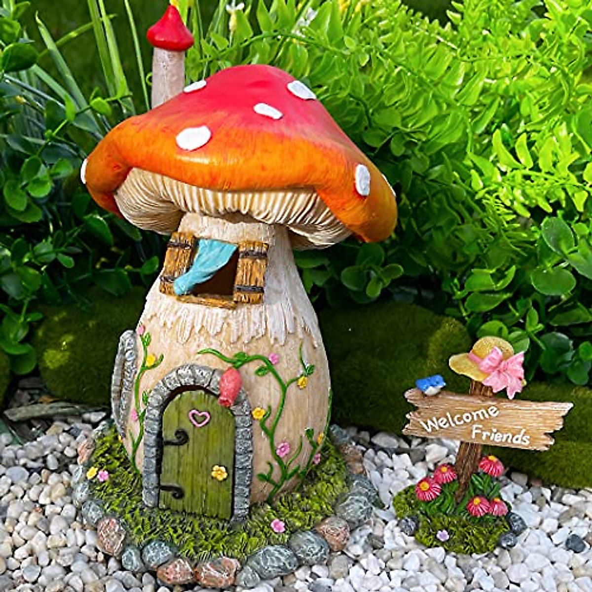 Mood Lab Fairy Garden - Mushroom House Kit with Miniature Welcome Sign - Accessories Set of 2 pcs - 7.6 Inch Tall House