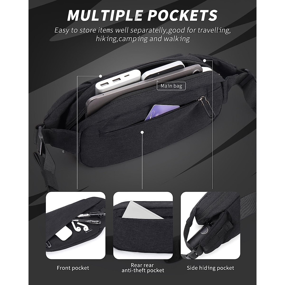 Fanny Pack for Mens Crossbody Bag, Sling Bag for Women Anti Theft Waist Packs with Adjustable Strap Casual Daypack for Running Sports Hiking Cycling Travel Walking - Black