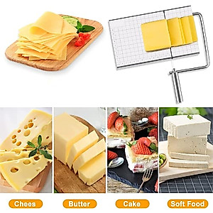 ISZW Cheese Slicer Knife Set, Cheese Slicer Cutter with Wire Food Cutter Precise Scale Board, 4 Cheese Knife Set Mini Butter Knife & Fork for Cutting Cheese Butter Vegetables Sausgae