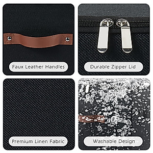 VinneGenzz Storage Bins with Zipper Lid Cotton Linen Fabric Lidded Storage Baskets Boxes Foldable Washable Closet Shelf Clothes Organizer Container with PU Leather Handles (Black, Small Size)