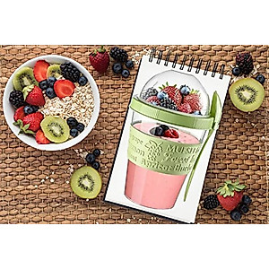 GanoOne Breakfast On the Go Cups, Take and Go Yogurt Cup with Topping Cereal or Oatmeal Container, Portable Lux Yogurt Cereal To-Go Container with Top Lid Granola & Fruit Compartment (Green)