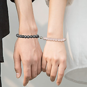 EIELO 4Pcs Couples Bracelet Necklace Set Matching His and Hers Promise Love Heart Pendant Necklace Bracelet for Couples Long Distance Relationship Natural Stone Bead Couple Jewelry (B)