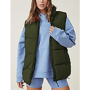Watashi Women's Quilted Puffer Vest Stand Collar Fall Drawstring Zip Up Sleeveless Gilet Jacket(ArmyGreen-M)