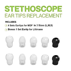 5 Pairs 3 Sizes(S/M/L) MDF Stethoscope Ear Tip Pieces Earplug Replacement Parts, Soft Silicone Prestige ADC Stethoscope Eartip Earbuds Spare Part, Bonus 2Pcs Ear Bud Cover for Littmann Stethoscope