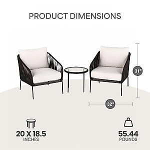 Four Seasons Courtyard Carrabelle 3 Piece Outdoor Patio Furniture Set with 2 Woven Rope Backrest Design Cushioned Chairs and Round Side Table, Black