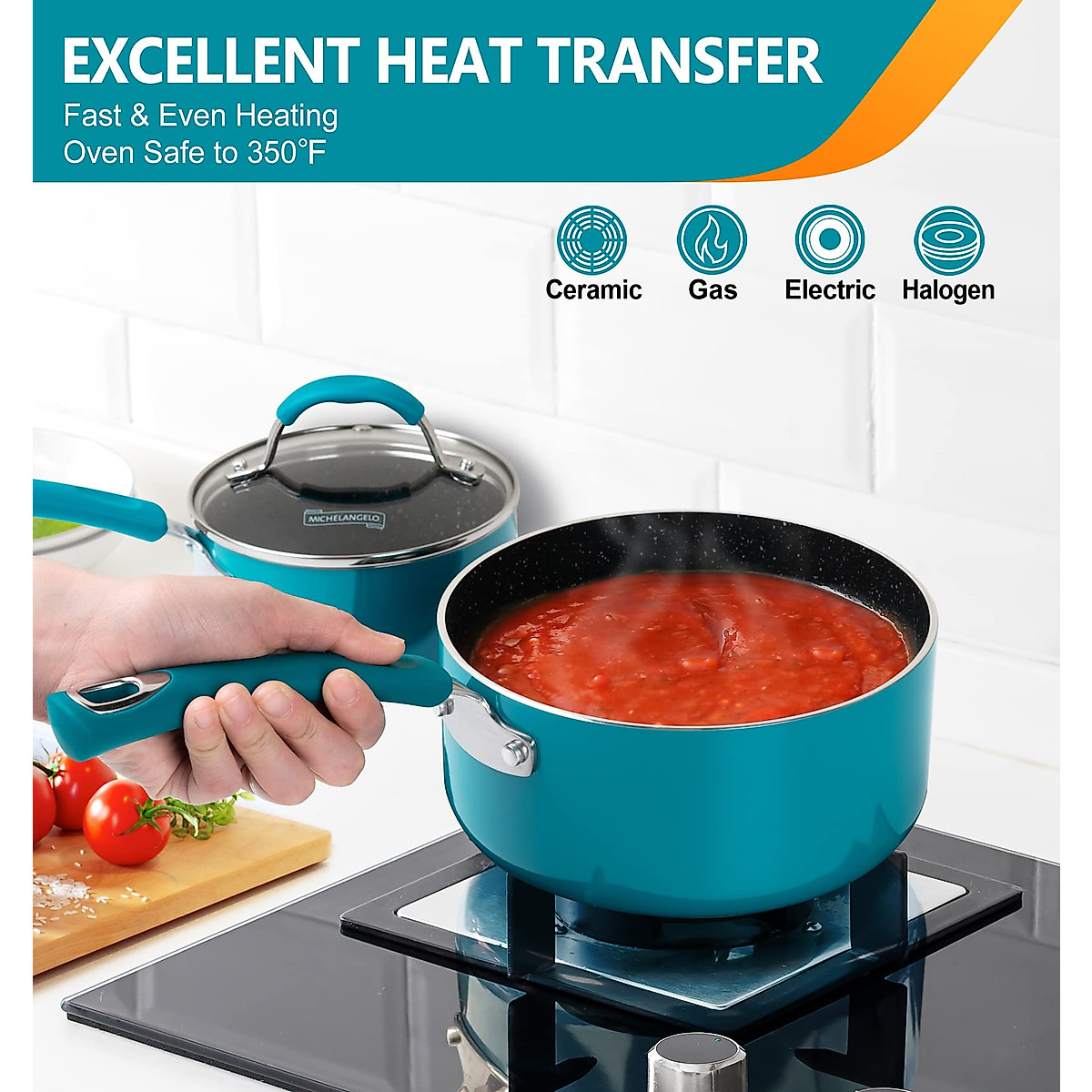 MICHELANGELO Sauce Pan Sets, Enamel Sauce Pan with Lid, 1Qt & 2Qt & 3Qt Saucepans with Lids, Nonstick Saucepan Set, Small Pot with Lid, Non Stick Sauce Pots with Silicone Handle, Oven Safe, Cyan