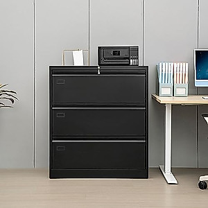 CuisinSmart File Cabinets, 3 Drawer Lateral File Cabinet for Legal/Letter/A4 FileMetal Wide Filing Organization Storage Cabinets with Lock for Home Office-Black