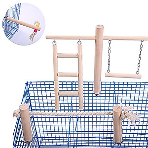 QBLEEV Parakeet Perches Outside Cage, Bird Swing Conure Toys Table Cage Top Play Stand Parrot Climbing Ladder Rope Perches Stands Chewing Wood Play Gyms Playground for Cockatiel Lovebirds Finches