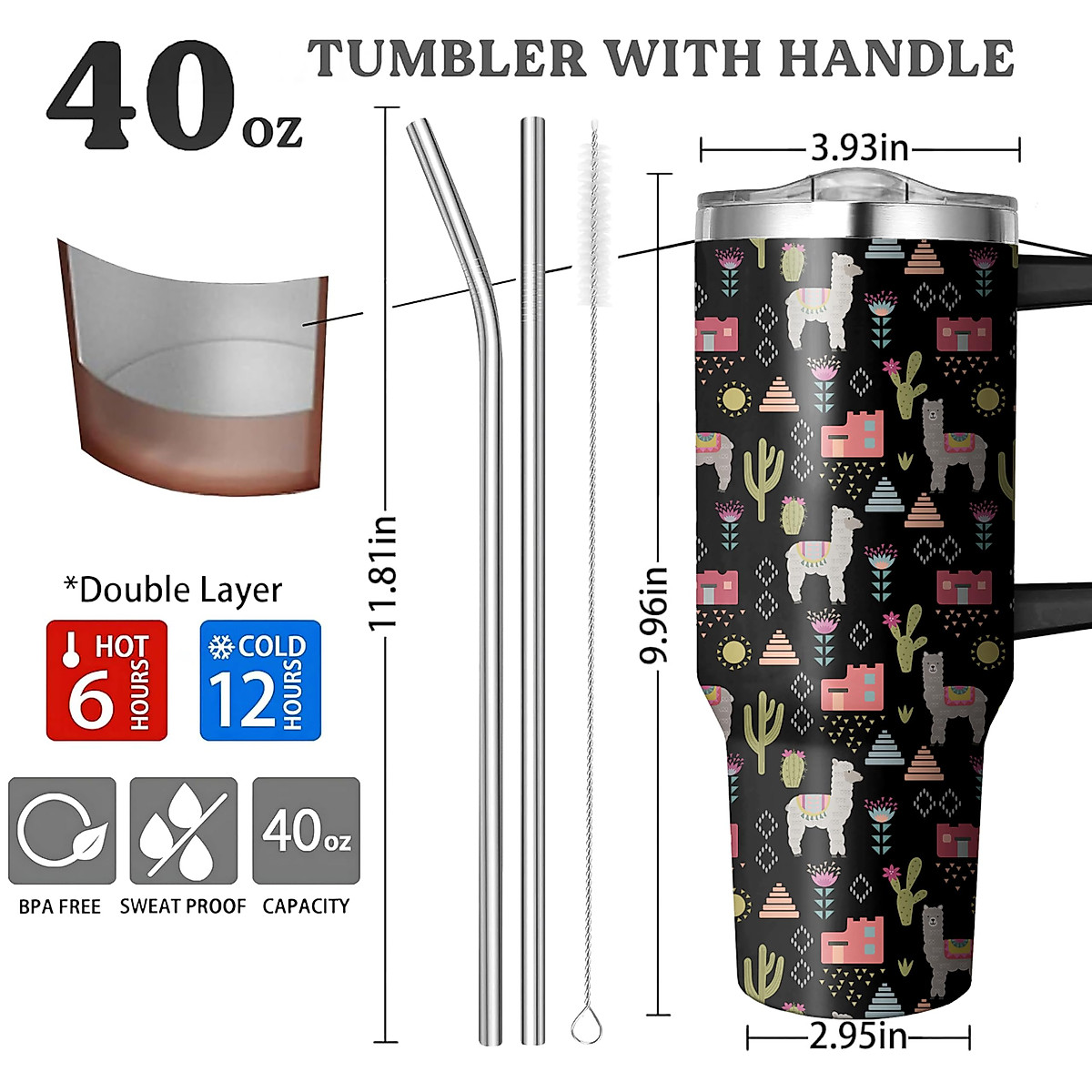 Ksoemar 40 Oz Llama Tumbler with Handle and Straw, Double Wall Stainless Steel Llama Cup, Alpaca Mug Insulated Llama Coffee Mug, 40 Oz Llama Mugs with Handle and Straw for Women Gifts