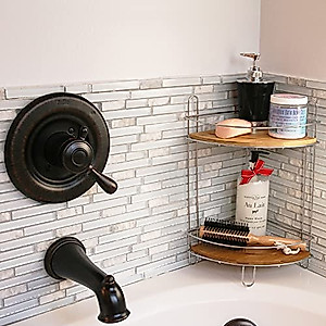 EVIDECO Free Standing Corner Shower Caddy, 2 Shelves, 8 L x8 W x 14.8 H, Chrome/Bamboo