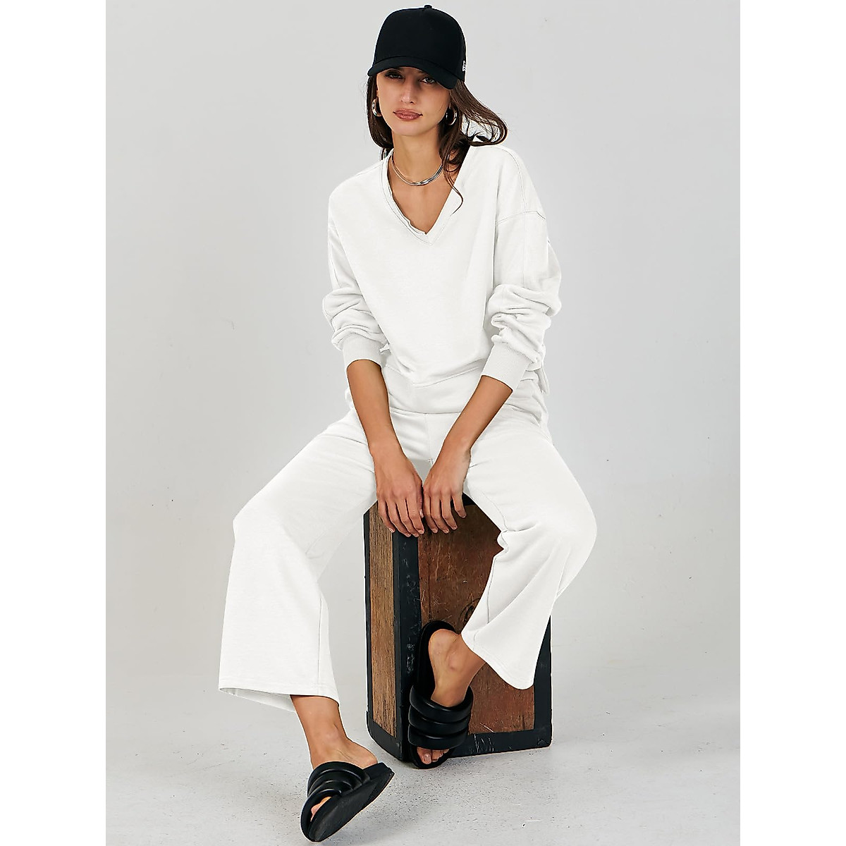 ANRABESS Women’s Two Piece Outfits Matching Sets Long Sleeve V Neck Pullover Top and Wide Leg Pants 2023 Fall Tracksuit Lounge Sets A804baise-S, White