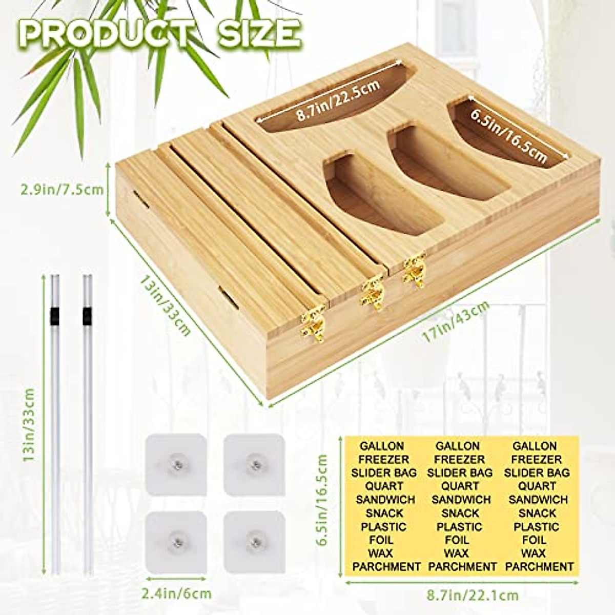 KMOTASUO Bamboo Ziplock Bag Organizer for Drawer, 6 in 1 Food Storage Bag Organizer Wrap Dispenser with Cutter, Great for Quart Gallon Sandwich Snack Bags & Foil Plastic Wrap (6 in 1)