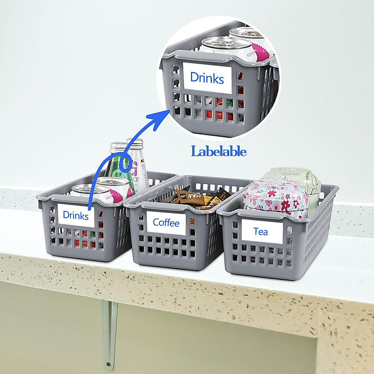 Hayixia Gray Plastic Slim Storage Basket, Small Shelf Organizer Basket Tray, Set of 12