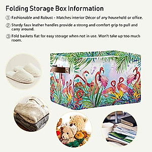 Storage Basket Tropical Flamingo Leaf Rectangle Foldable with Leather Handle Nursery Storage Bins Boxes Cube Organizer for Children Toys Books Clothes Home Bedroom